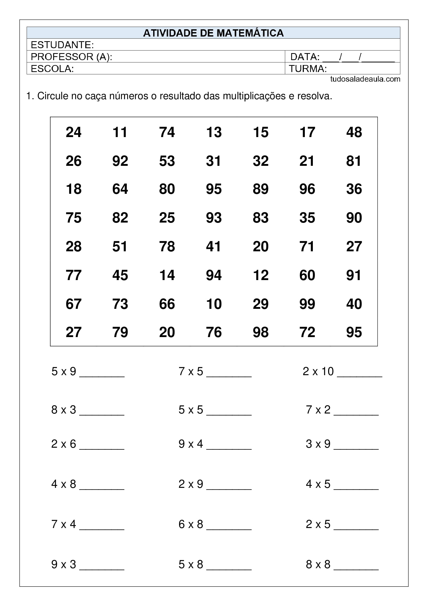 Atividades de Multiplicação 3º ano - Tudo Sala de Aula