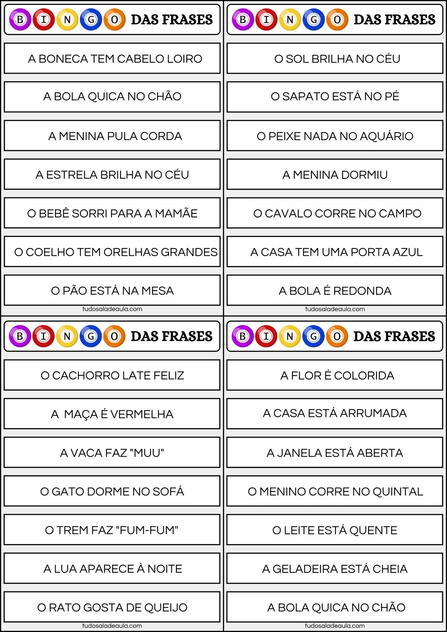 Bingo das Frases - Atividade Lúdica para Imprimir - Tudo Sala de Aula