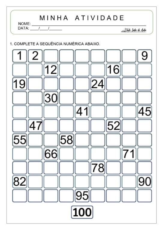 Sequência Numérica até 100 - Atividades para Imprimir - Tudo Sala de Aula