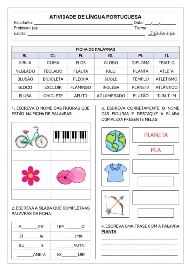 Atividades de Ortografia: bl, cl, fl, gl, pl, tl - Prontas para ...