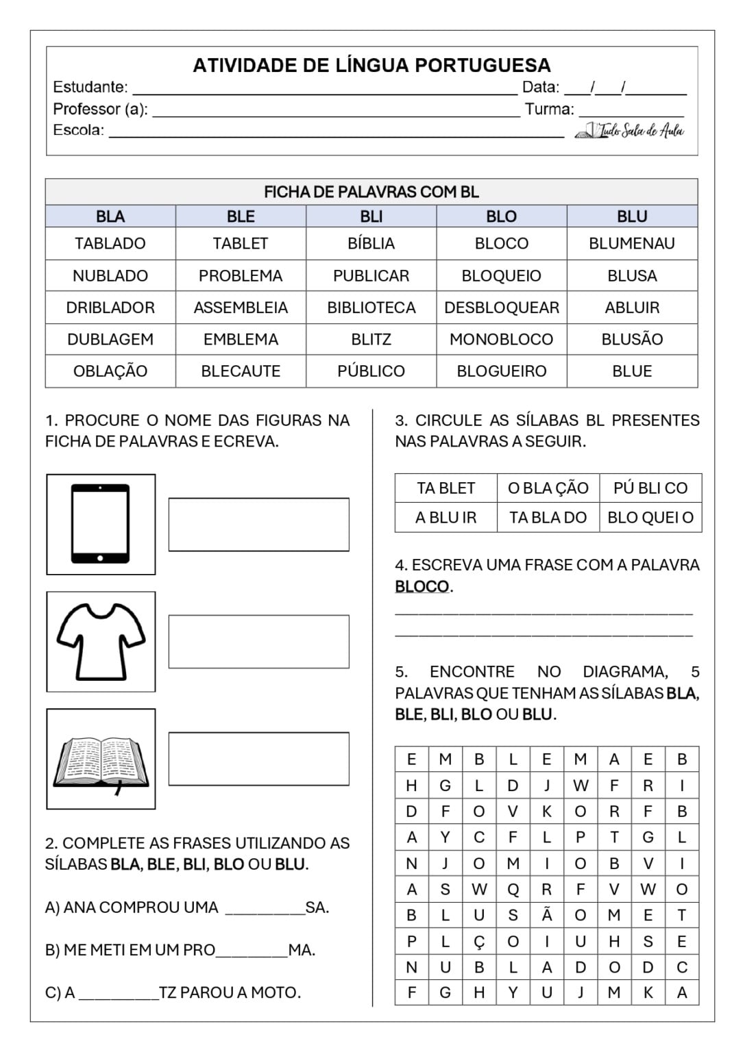 Atividades de Ortografia: bl, cl, fl, gl, pl, tl - Prontas para ...