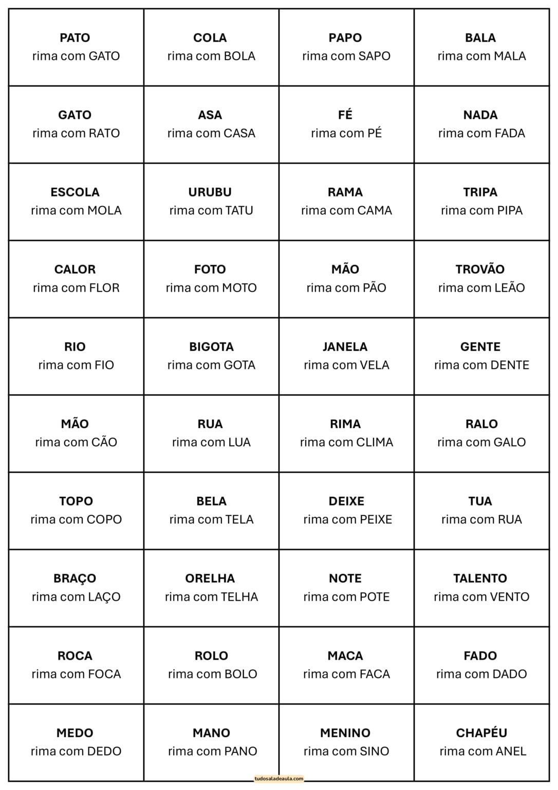 Bingo das Rimas - Atividade Lúdica para Imprimir - Tudo Sala de Aula