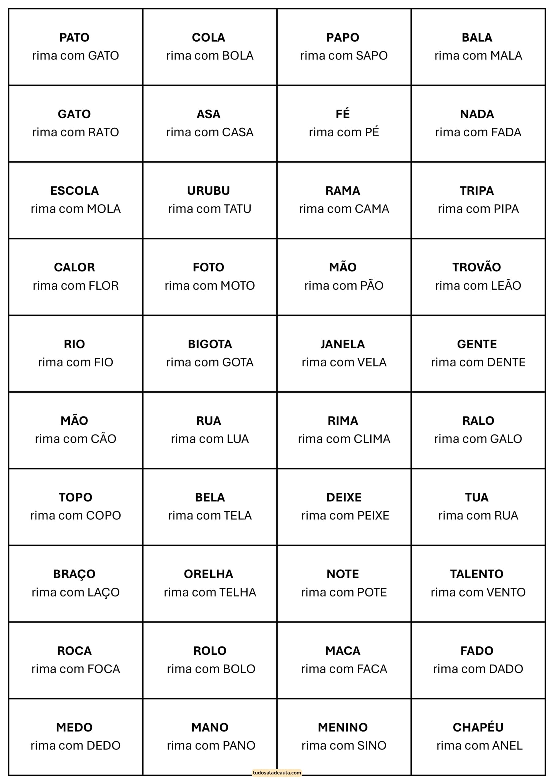 Bingo das Rimas - Atividade Lúdica para Imprimir - Tudo Sala de Aula