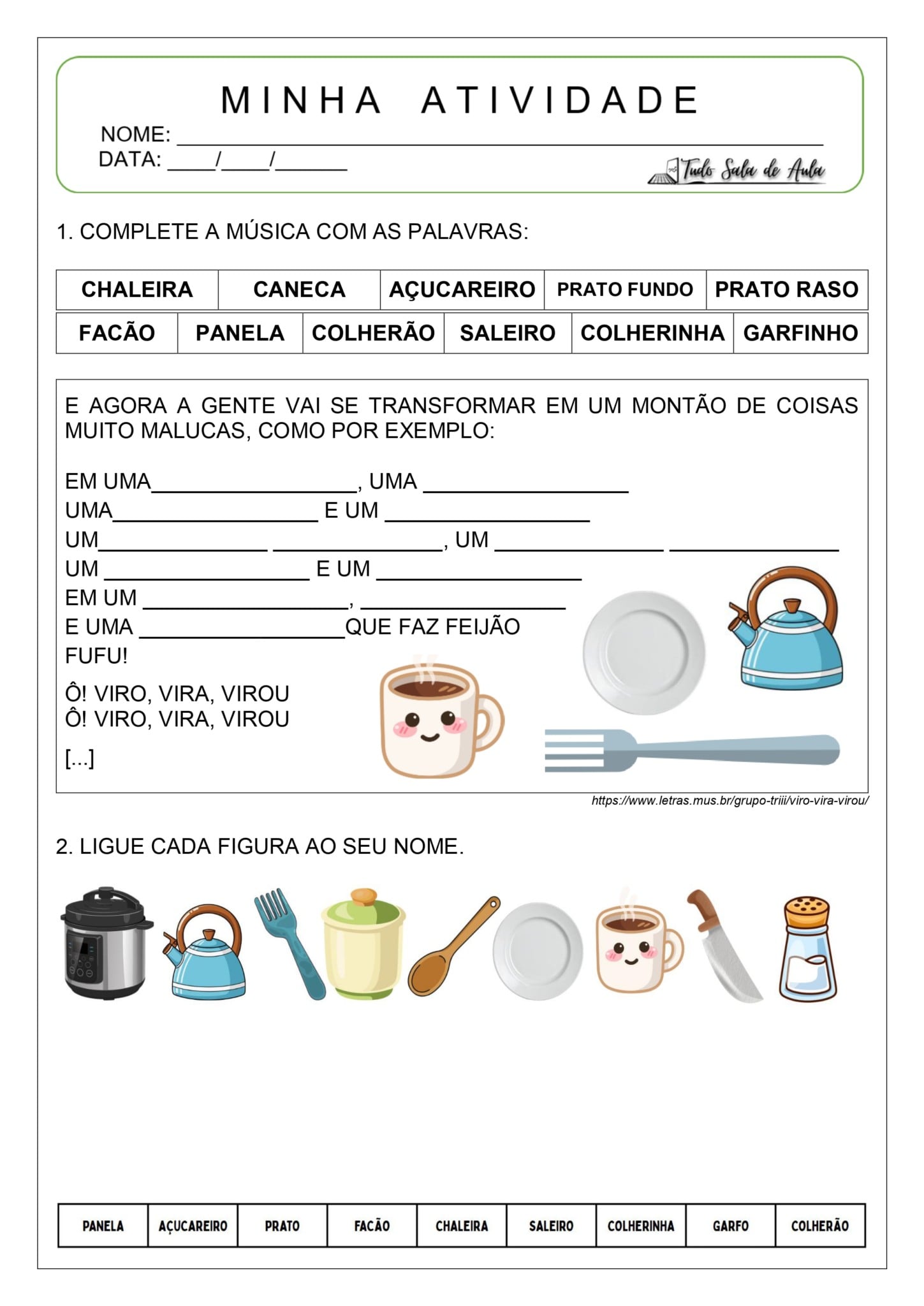 Atividades sobre a Cantiga Vira, Vira, Virou para Educação Infantil ...