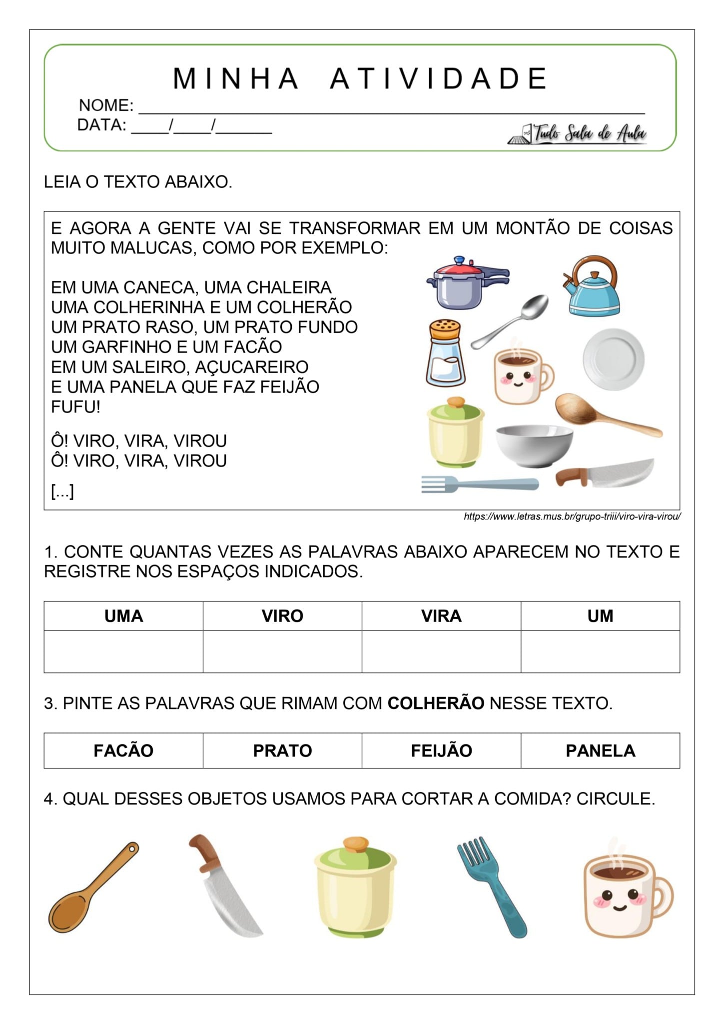 Atividades sobre a Cantiga Vira, Vira, Virou para Educação Infantil ...